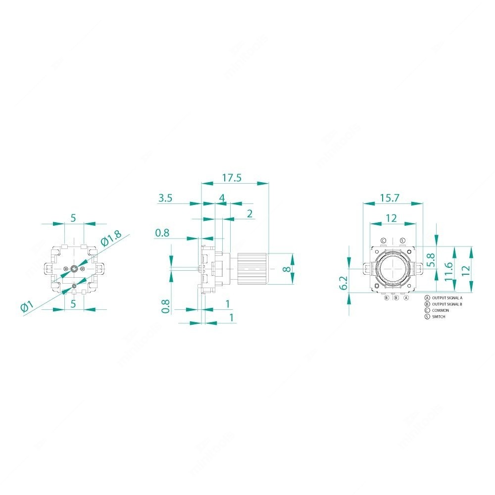 16 ppr knurled shaft rotary encoder, with button - 32 detents